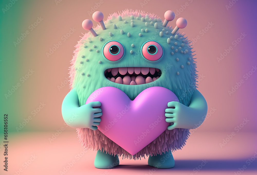3D character is a cute monster holding a heart. Funny toothy alien ...