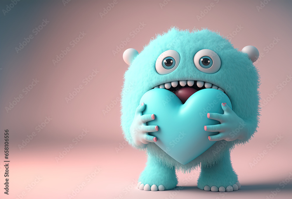 3D character is a cute monster holding a heart. Funny toothy alien ...