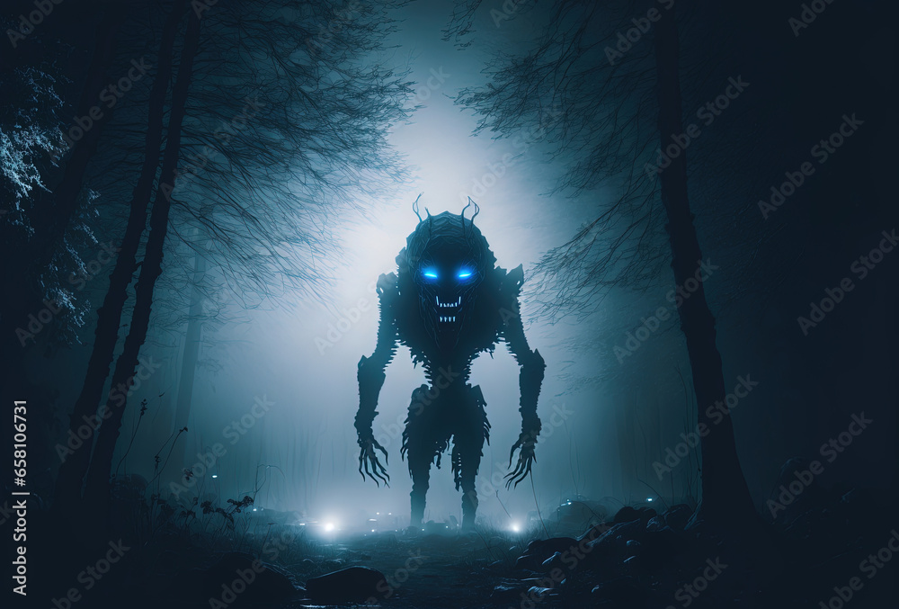 Scary alien monster in the misty night forest. The creepy silhouette of ...