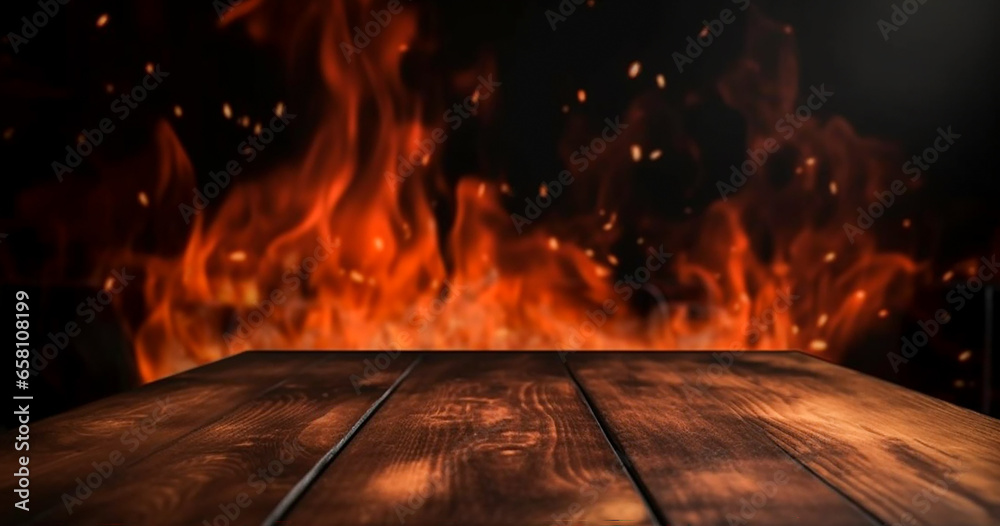 Wooden table with Fire burning at the edge of the table, fire particles ...