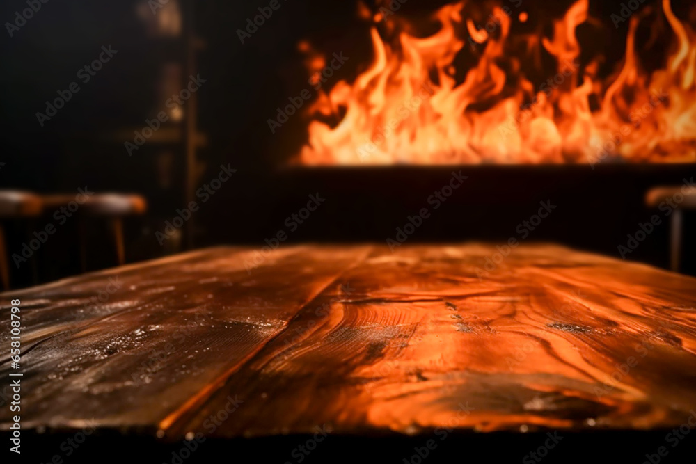 Wooden table with Fire burning at the edge of the table, fire particles ...