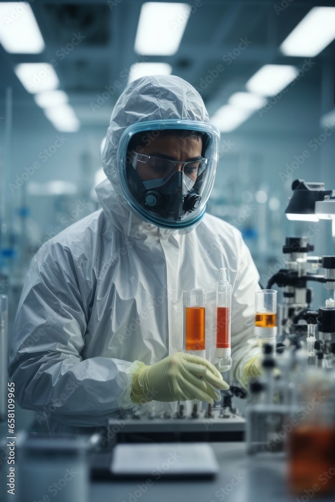 Closeup of a male scientist wearing a protective suit conducting ...