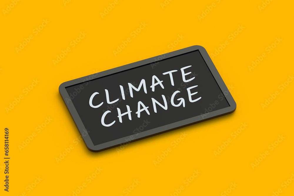 Inscription climate change on chalkboard. Impact of global warming on environment. Negative ...