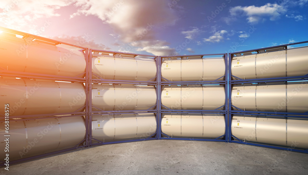 Tank containers with a fuel tank in the logistics area. This image can ...