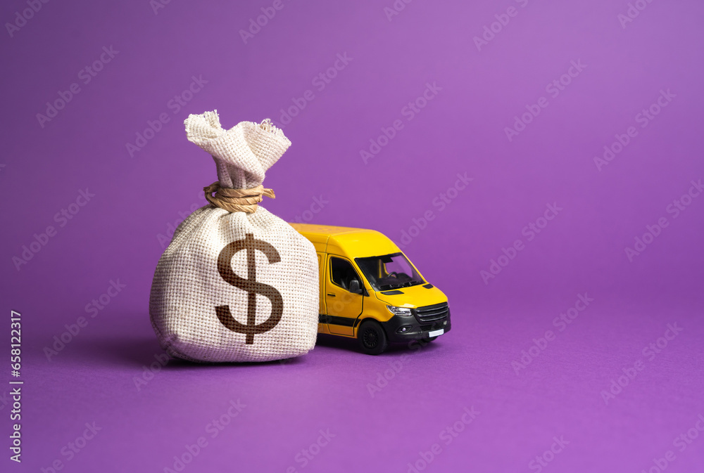 Dollar money bag and delivery van. Freight transportation. Logistics ...