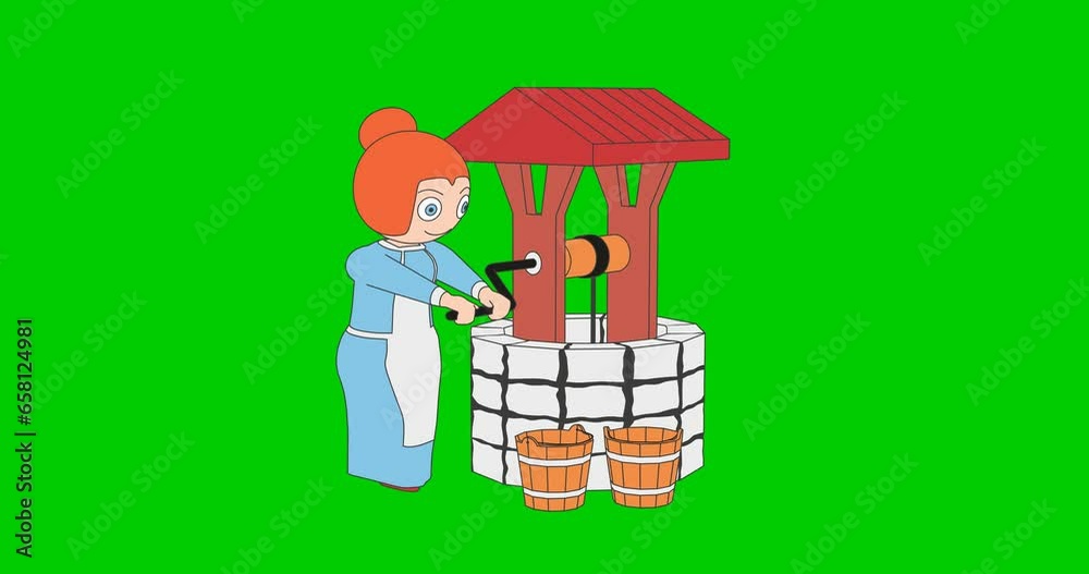 Cartoon woman using a well. Animation of a housewife drawing water from ...