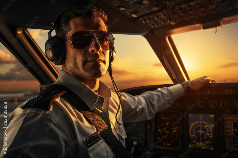 Pilot in the cockpit mid flight - Sky isn't the limit - AI Generated ...