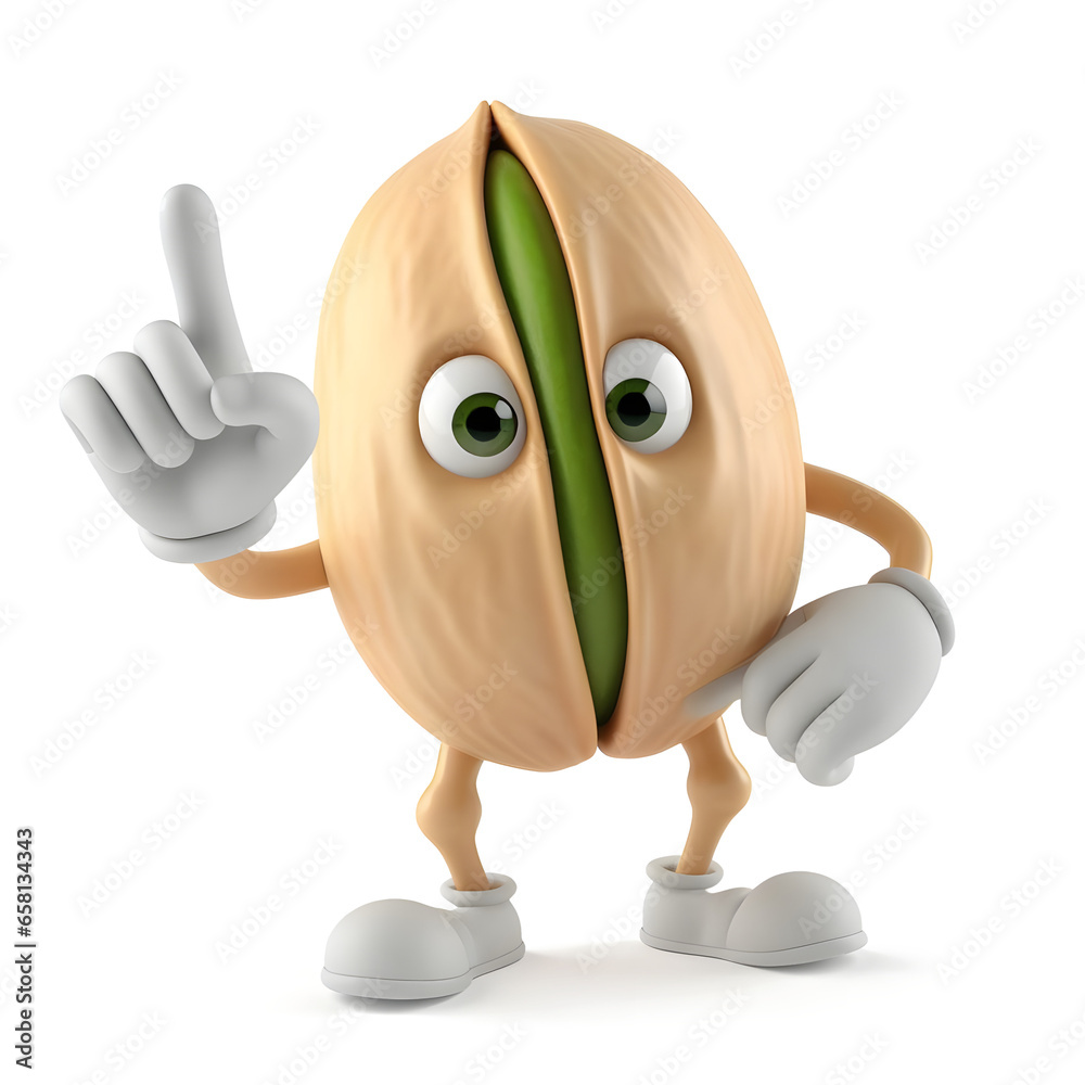 Cartoon Pistachio character with the index finger pointing up, isolated ...