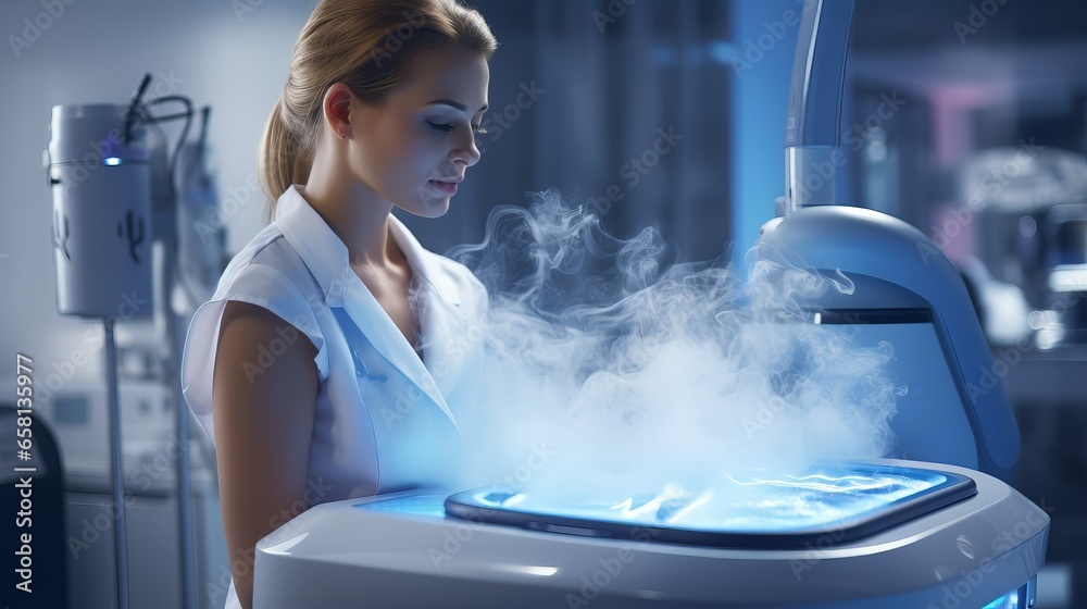 Cryosurgery. Doctor with a cryoprobe with liquid nitrogen. Ice therapy ...