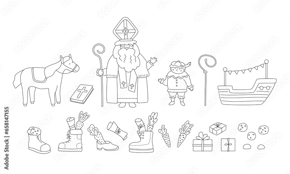 Sinterklaas coloring page elements. Saint Nicholas, cute horse, little ...