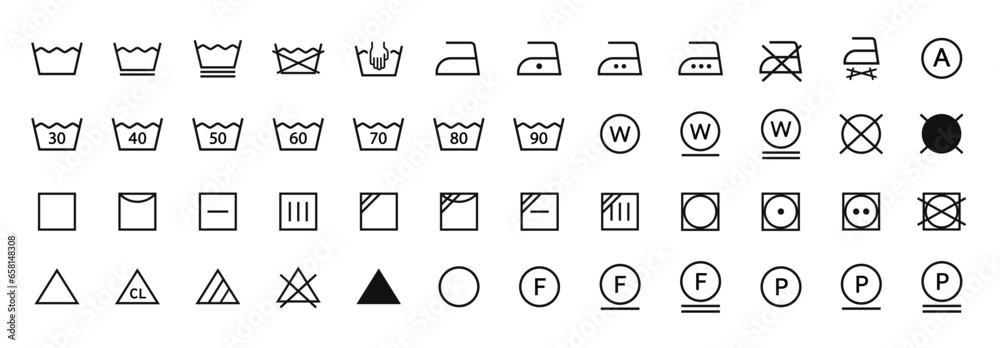 Laundry & Washing icons set. Washing symbol. Laundry signs. Hand and ...