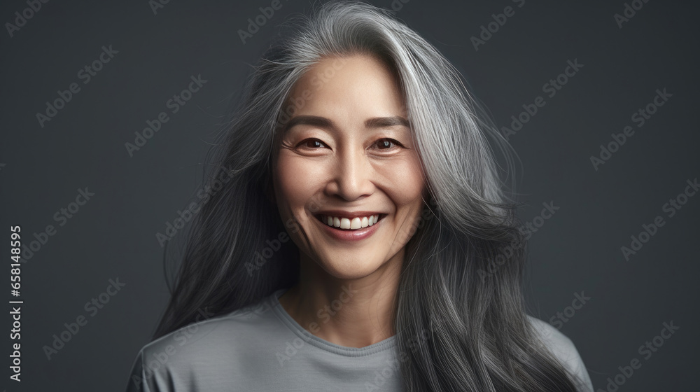 Beautiful aging mature asian woman with long gray hair and happy ...