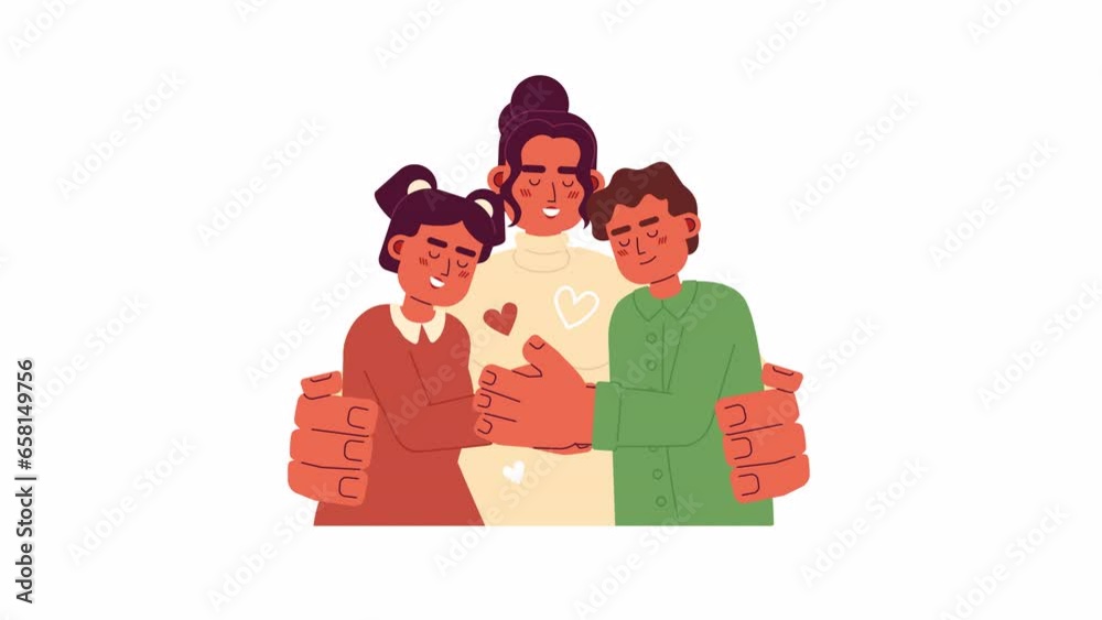 Hispanic mom hugging children 2D characters animation. Thankful flat ...