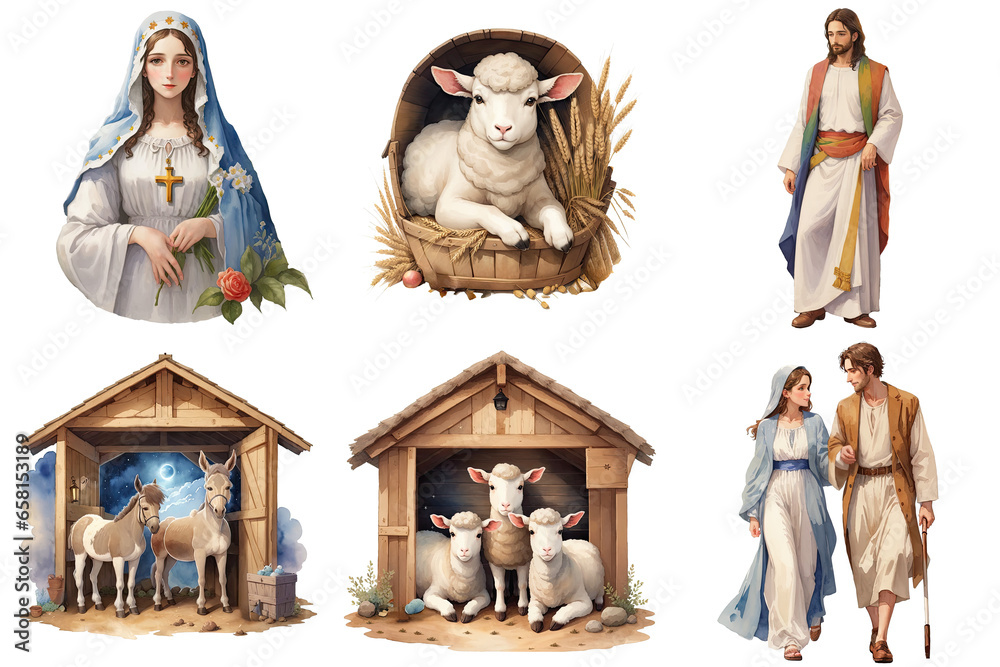 Holy Nativity Scene Jesus and Sheep in Manger Scene with Mary, Joseph ...