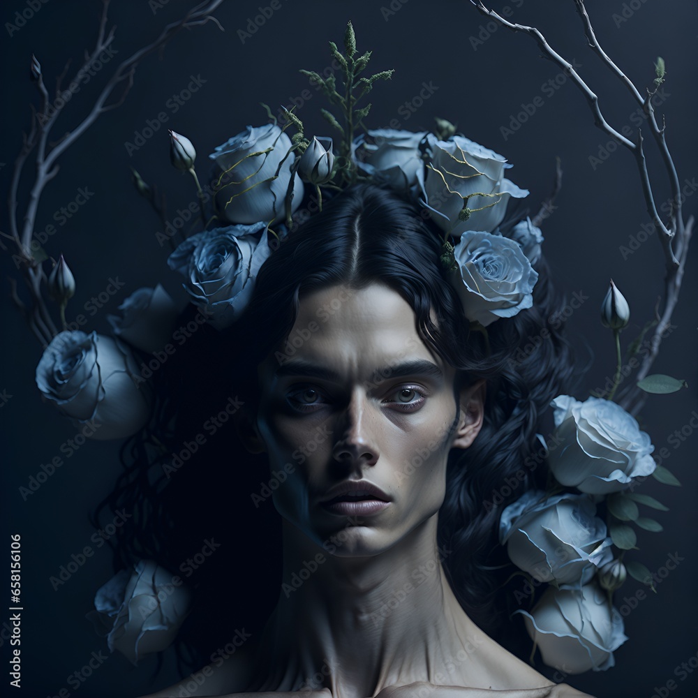 A transgender model in a dress, with flowers, a wreath on her head ...