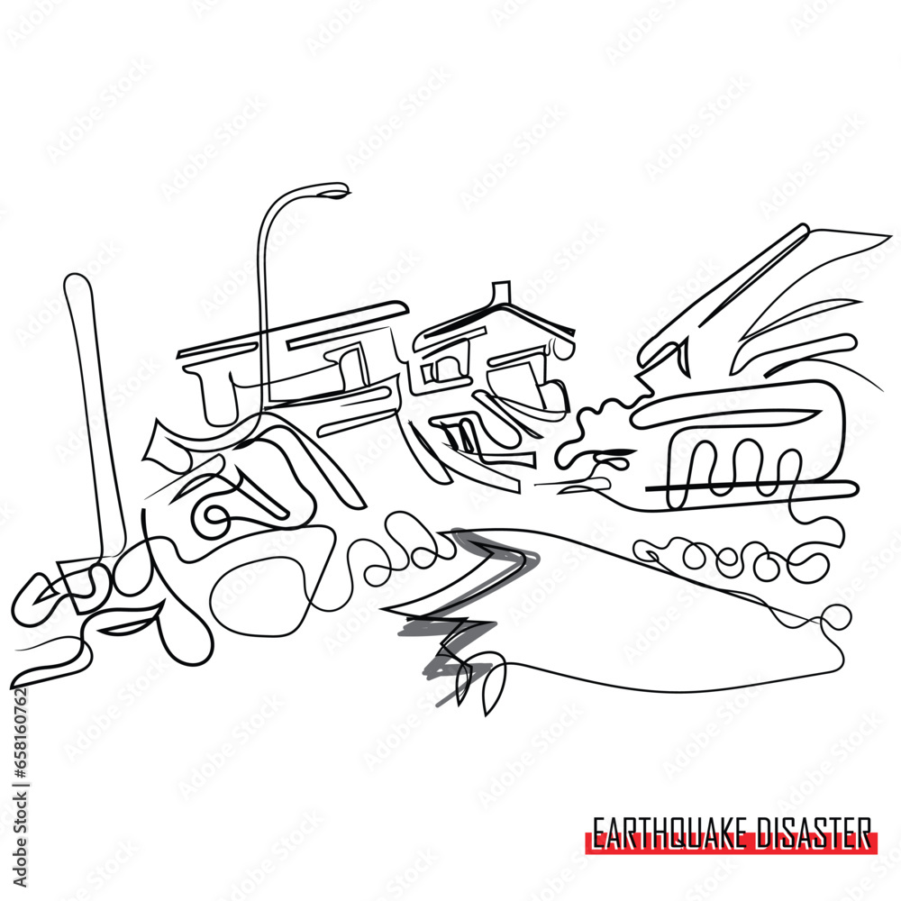 Hand drawn line art vector of earthquake disaster. Home demolished ...