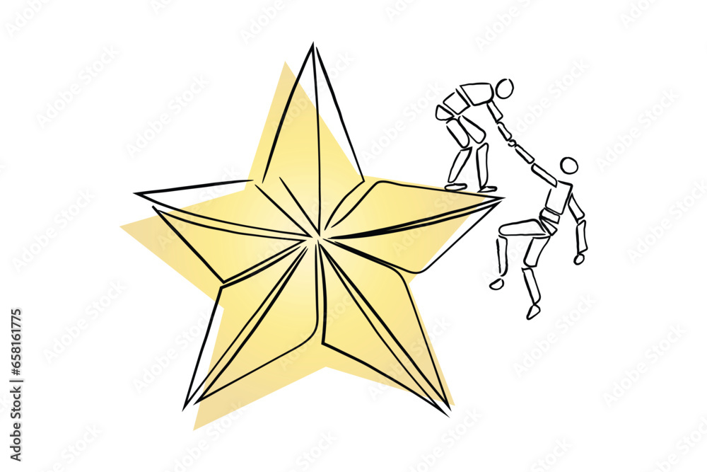 Hand drawn line art vector of two robots helping each other achieving ...