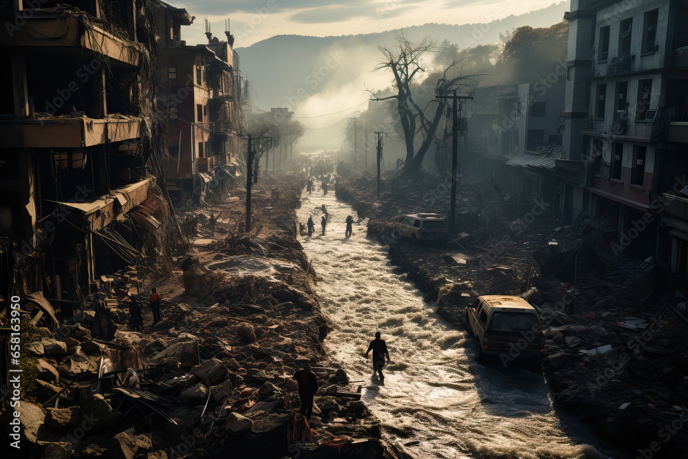 Consequences of flooding in city as result of floods caused by rising ...