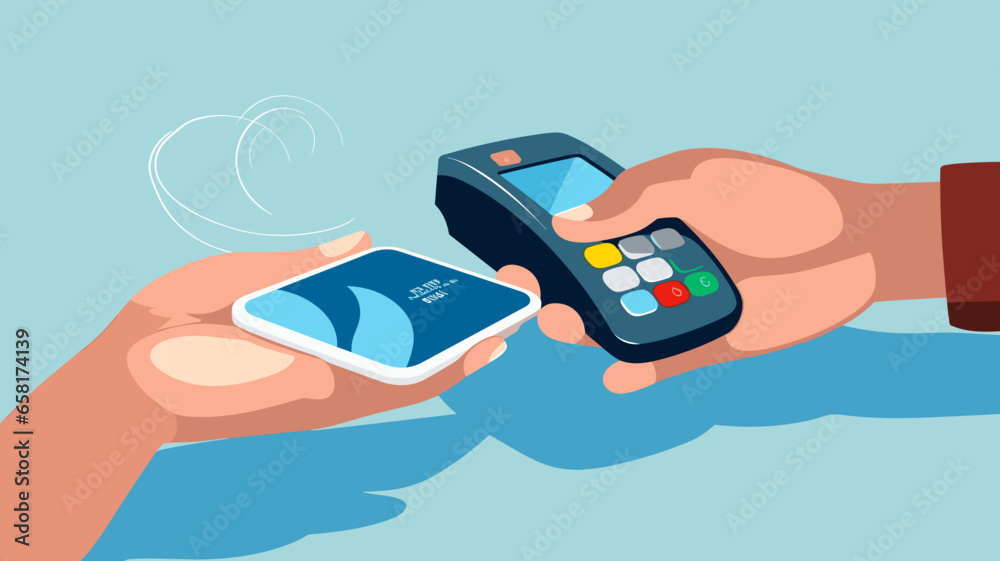 flat simple vector illustration, simple colors, hand drawn, Customers using contactless payment ...
