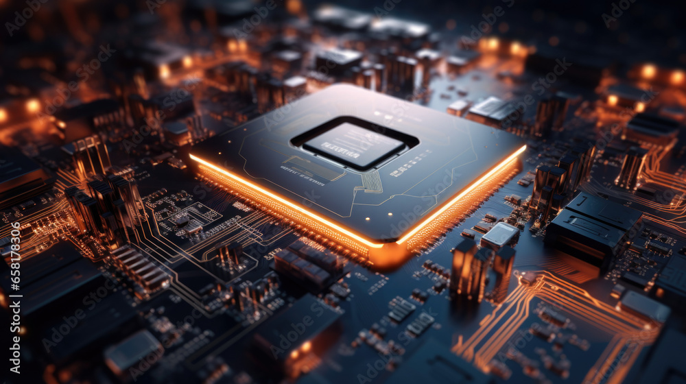 Glowing modern processor. Big illuminated graphic processor surrounding ...