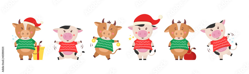 Cartoon cow set of illustrations, with cute lovely heifer in five ...