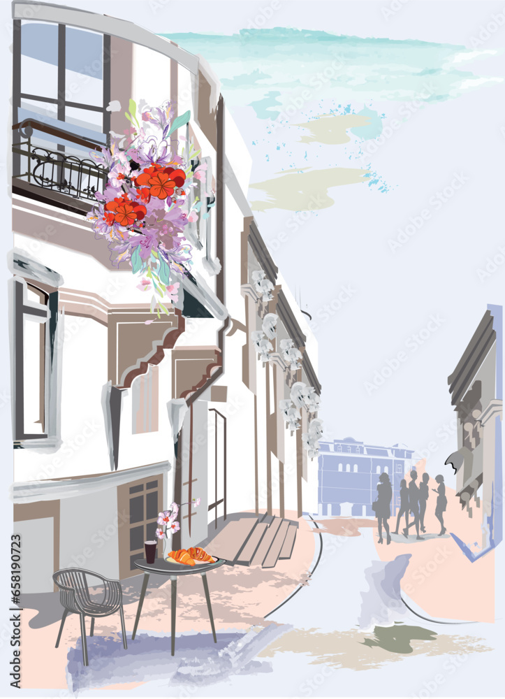 Series of colorful street views in the old city with flowers. Hand ...