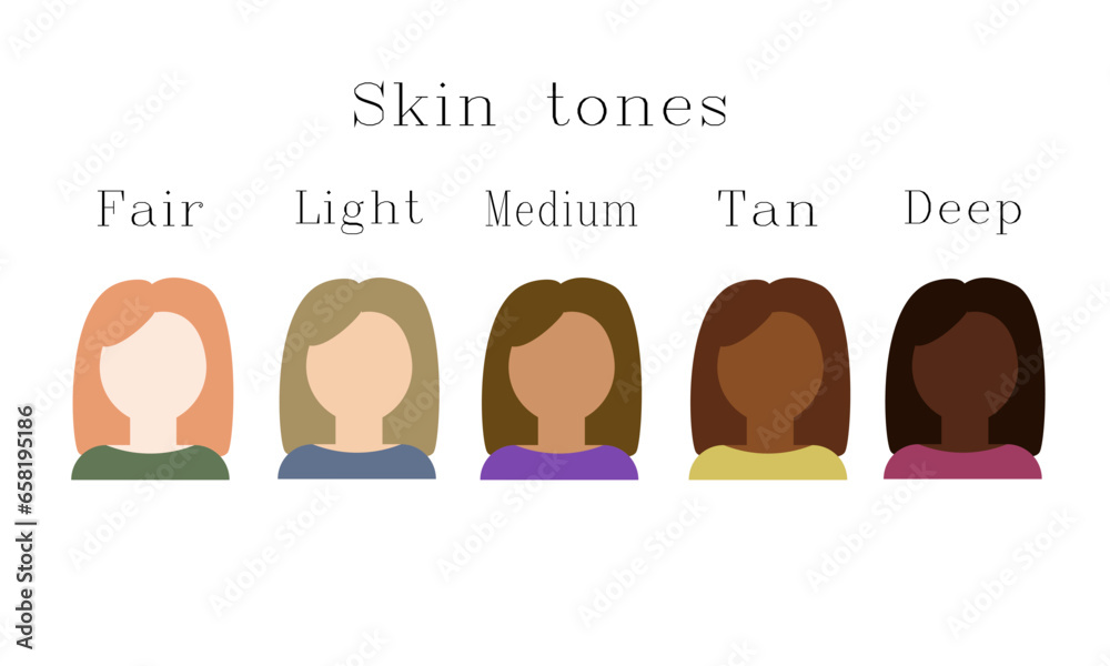 Set of women faces different races. Complexion color palette, human ...