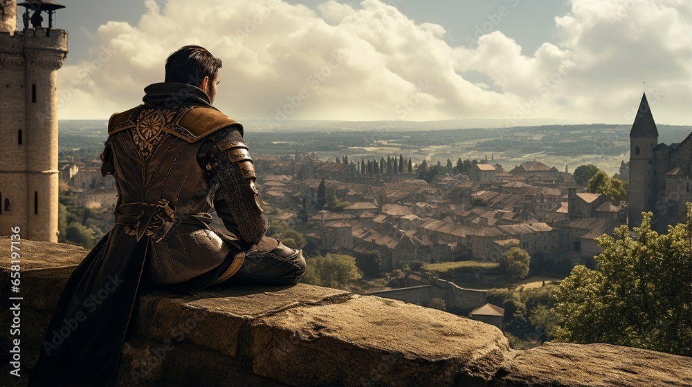 A figure, clad in medieval armor, stands atop a castle tower, gazing ...