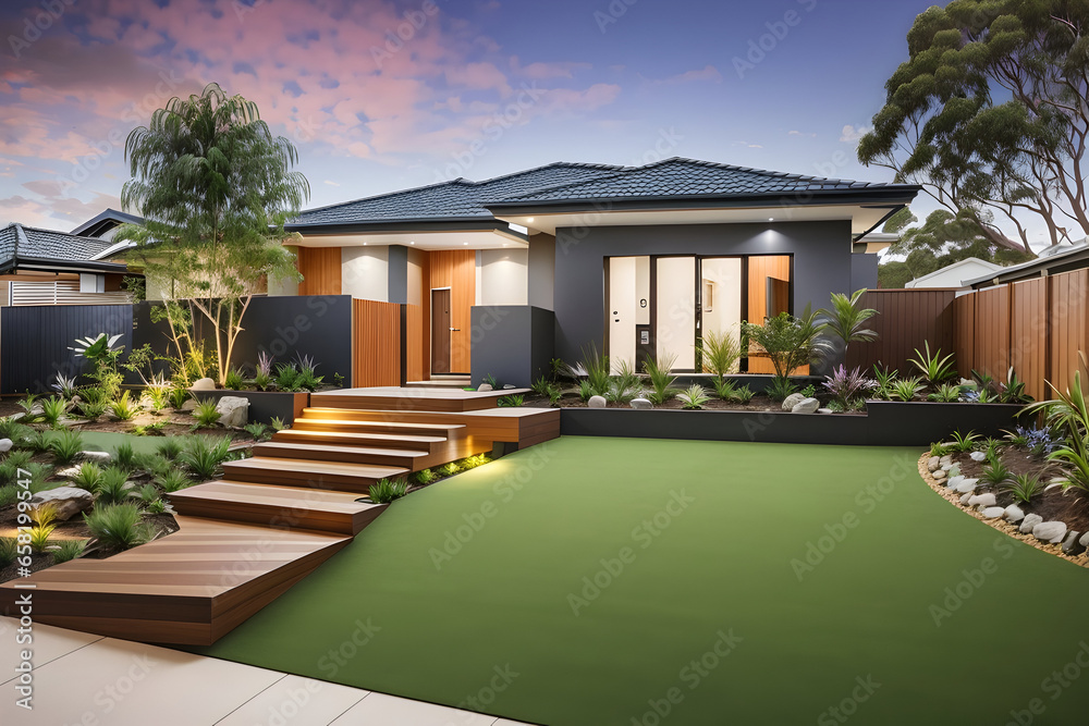 A modern Australian home's front yard boasts a lush, vibrant artificial ...