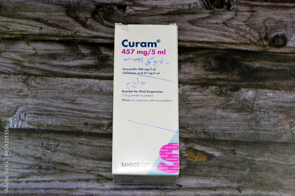 Cairo, Egypt, October 1 2023: Curam 457 mg per 5 ml (Amoxycillin 400 mg ...
