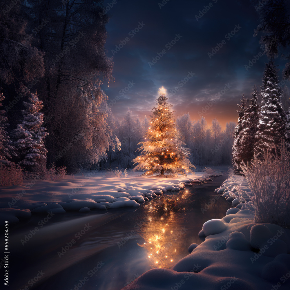 Weihnachtsbaum, Christbaum in verschneiter Landschaft Photos | Adobe Stock