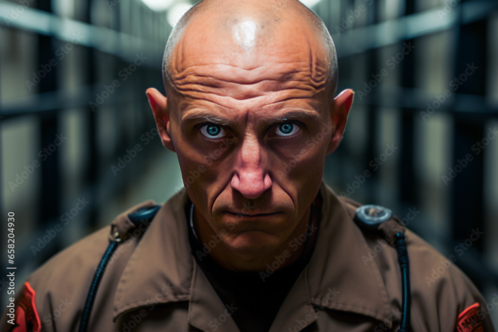 Tense prison guard manifesting anger, clutching cell bars in dimly lit ...