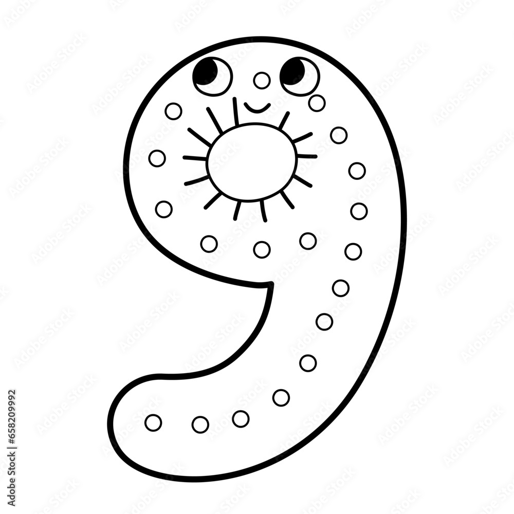 Cute number nine character for kids in outline. Leaning numbers for ...
