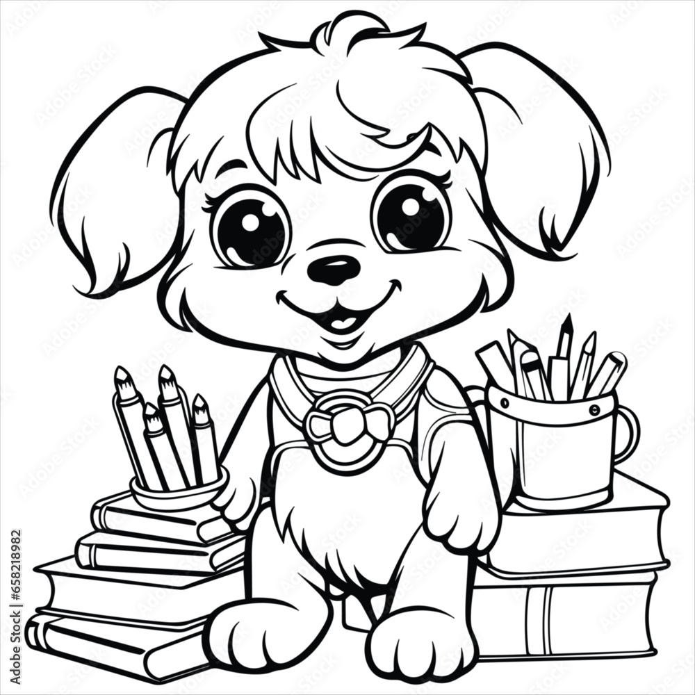Cartoon little dog with school supplies coloring book pages for kids ...