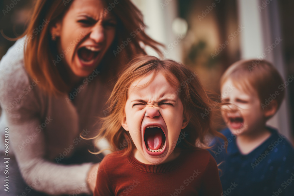 Angry little girl screaming at her mother while she is sitting on the floor. Stock Illustration ...
