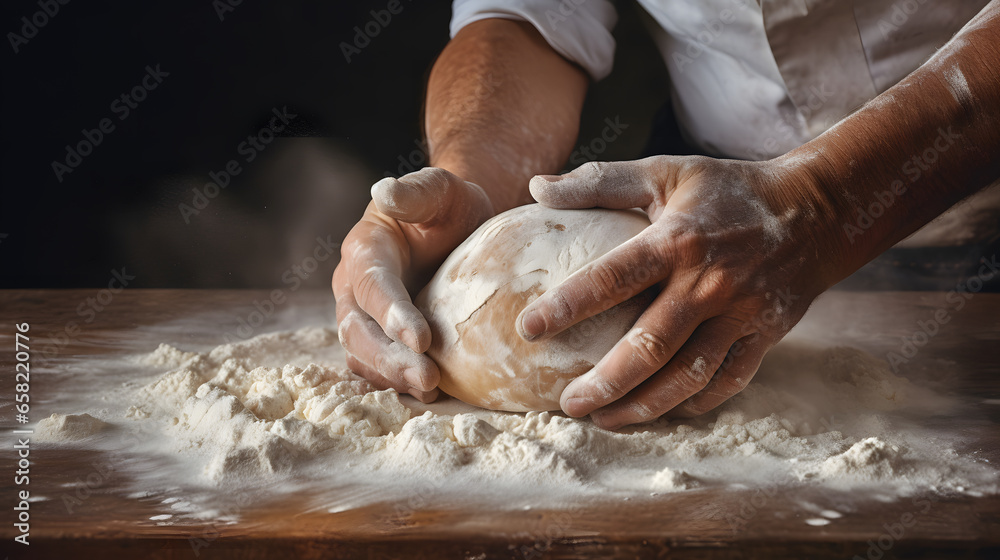 Photograph a baker's hands kneading soft, yielding dough to create the ...