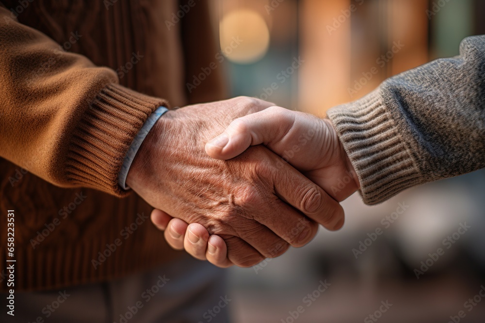 A tender, tight-knit handshake symbolizes a heartfelt reunion ...