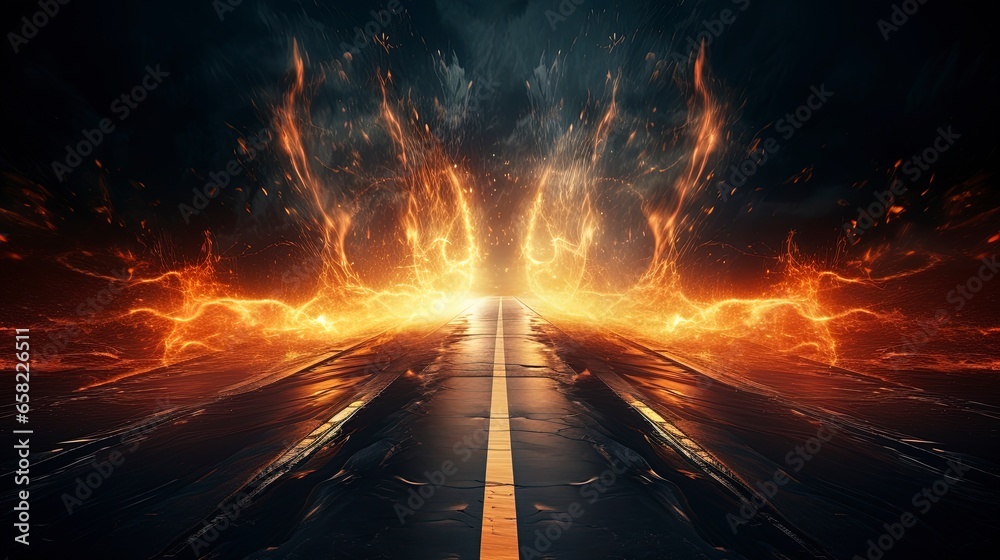 Abstract black background with wet long road on fire, blazing flames ...