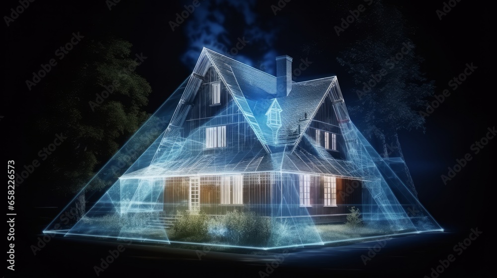 A holographic projection of a house, resembling a cottage, created ...