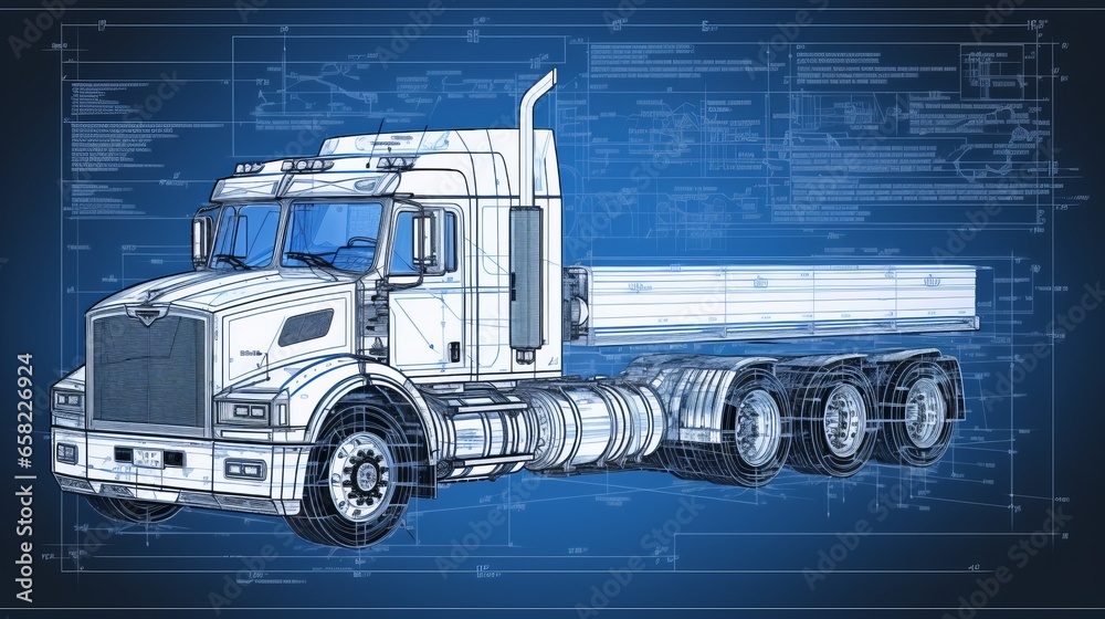 A vector engineering drawing showcasing a truck, accompanied by precise ...
