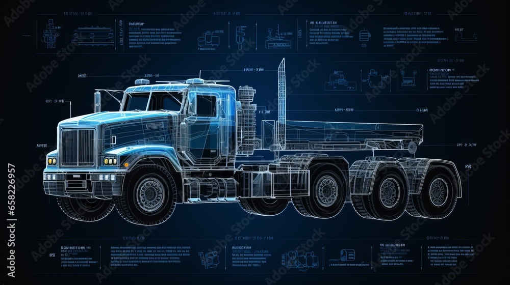 A vector engineering drawing showcasing a truck, accompanied by precise ...