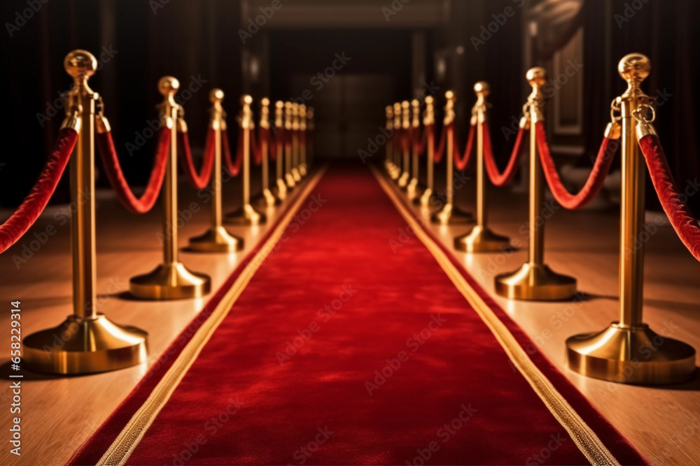 VIP red carpet path with golden barrier and red ropes. Red carpet for ...