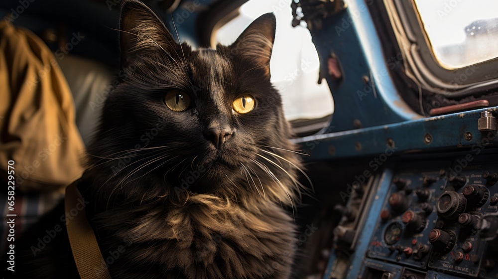 A black cat stares curiously from the window of an airborne vehicle ...