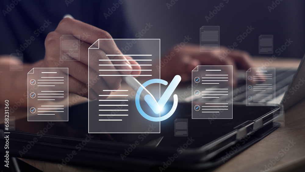 Document management performance checklist, businessman using checklist ...