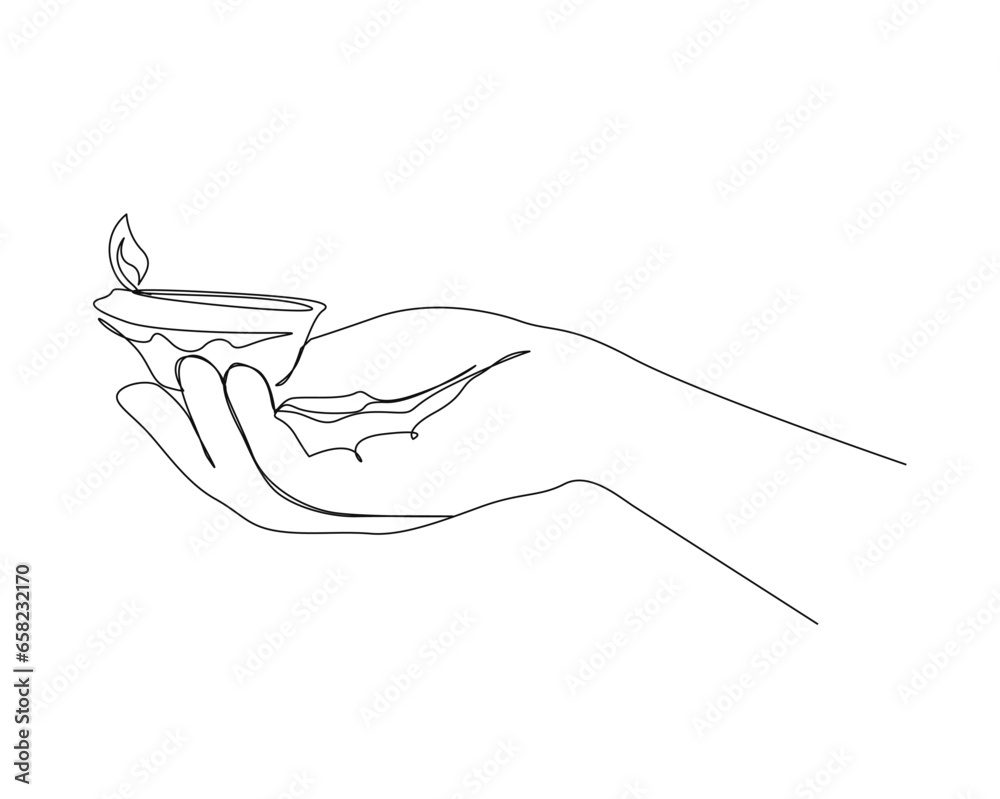 Hand holds diya lamp or oil lamp outline vector design. Continuous one ...