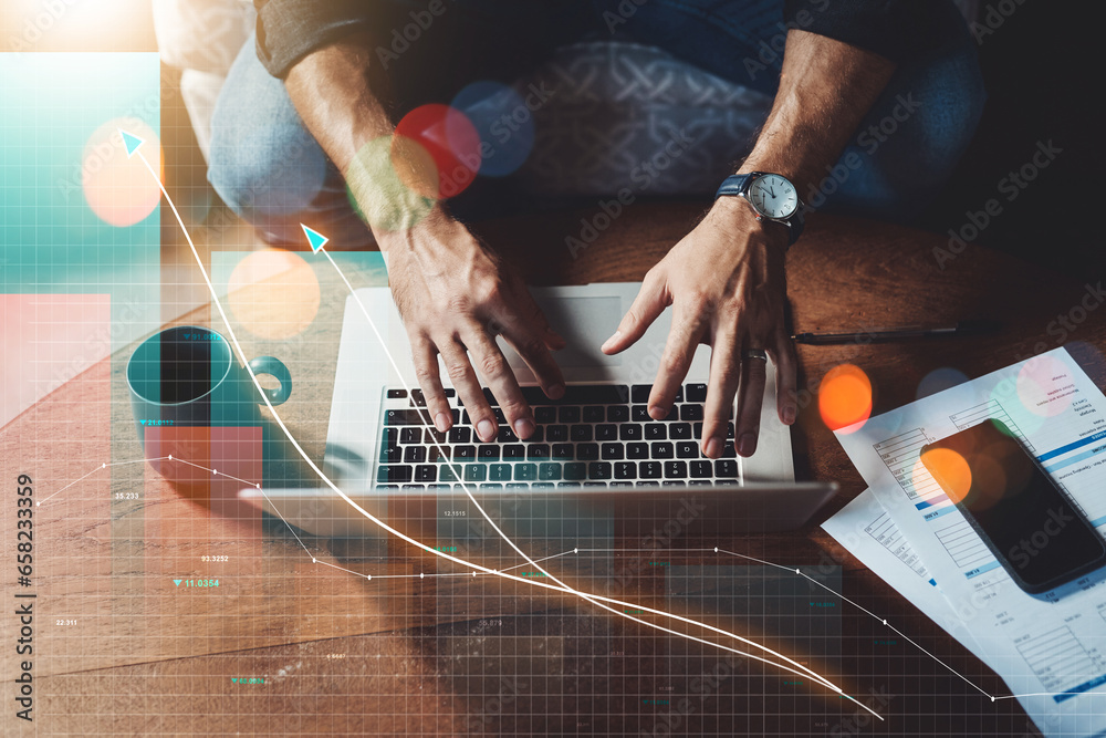 Hologram, laptop and hands of person with graph for statistics, website ...