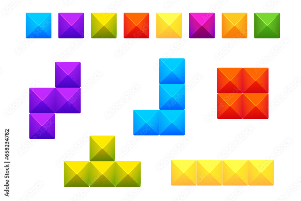 Tetris bricks set, colorfull blocks clasic logic game in cartoon style ...