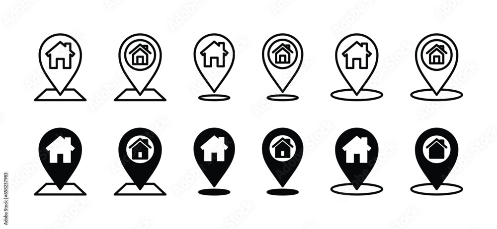 Home location icons. Home address. Map pin location of home, real ...