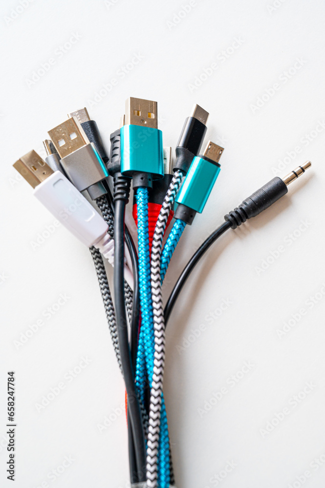Various types of plugs and cables for audio, video, computer ...