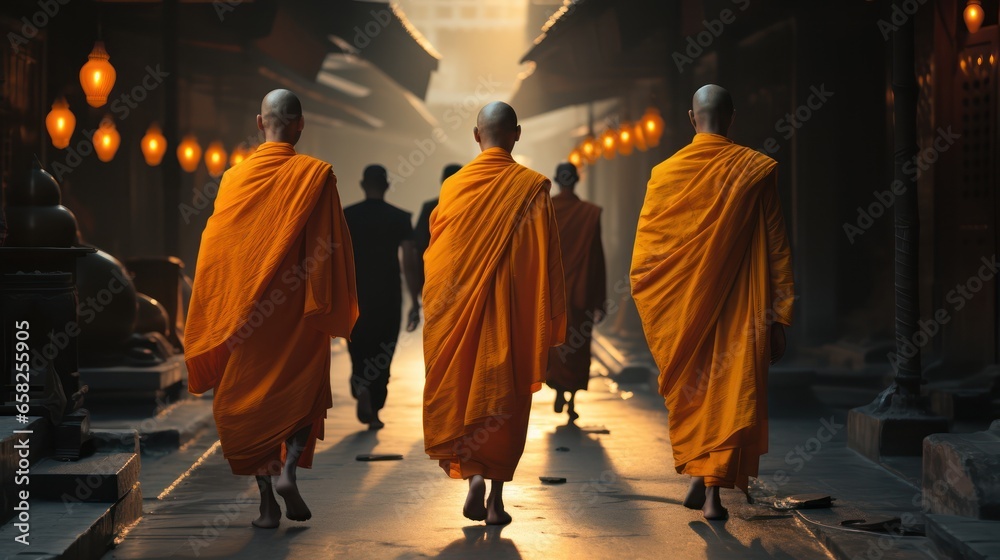 Back View Monks - Alms Collection and Spiritual Tradition. Generative ...